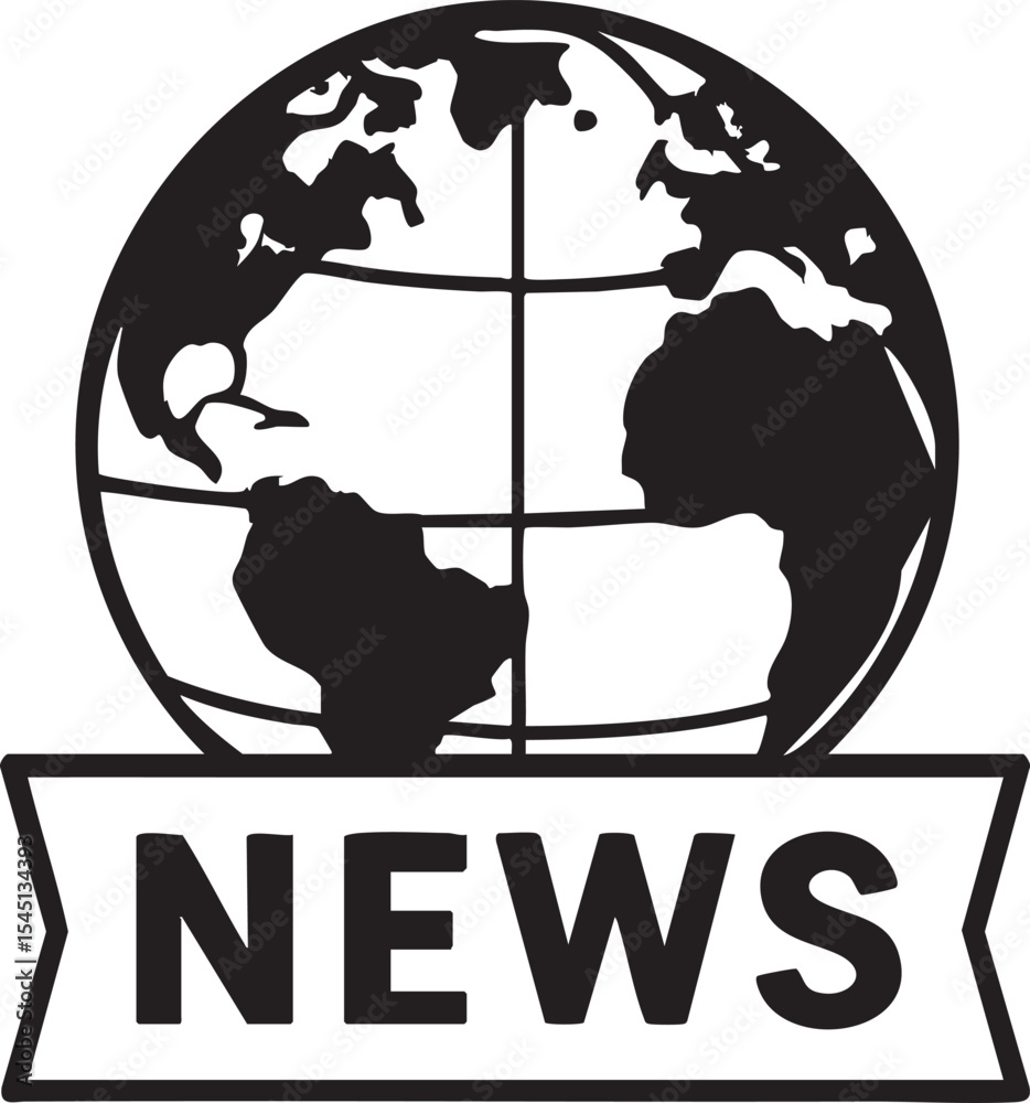 Global News Icon with World Map and Banner Black and White Vector ...