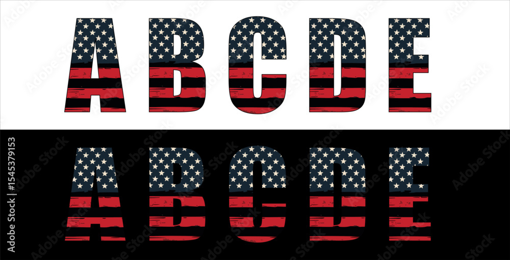 Vector font on background of national flag of usa. A set of letters of ...