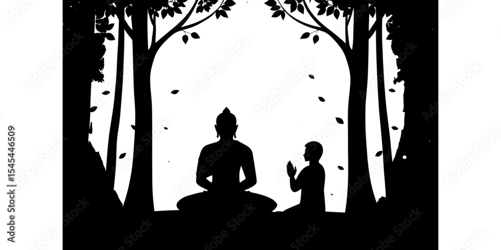 Black and white Guru Purnima forest scene featuring silhouette of monk ...