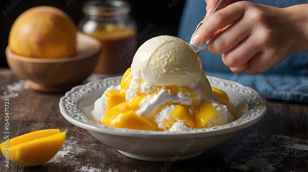 Foto de Stock Shaved ice dessert. Woman hand pouring sweetened ...