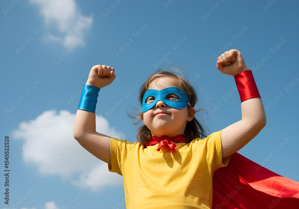 Girl with Down syndrome dressed as superhero flexing arms showing ...