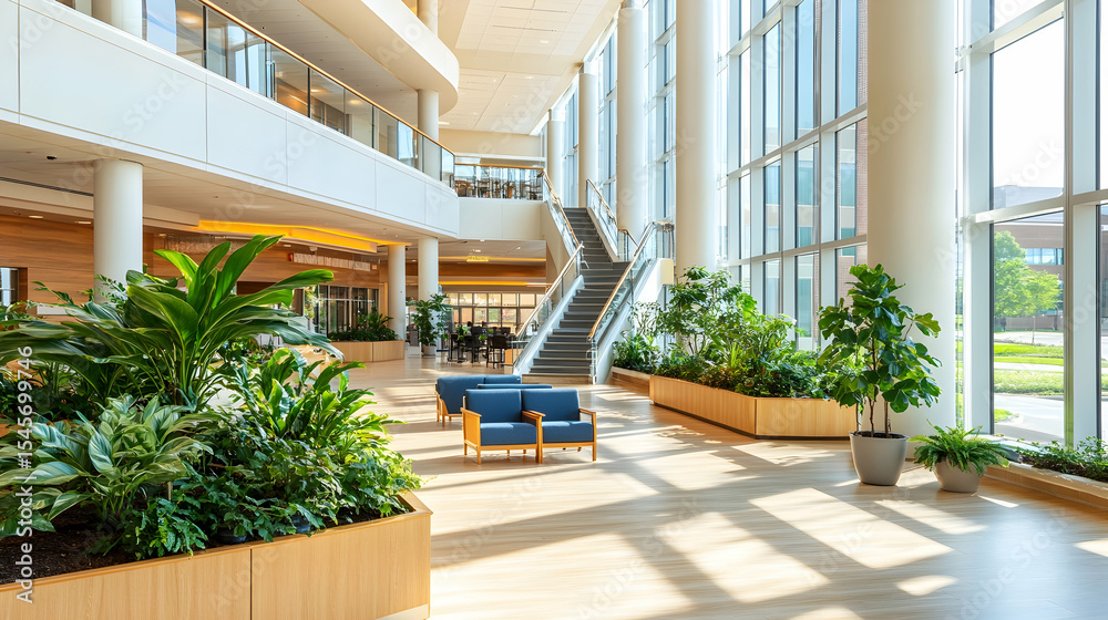 Bright Hospital Lobby Interior with Plants and Sunlight Stock Photo ...