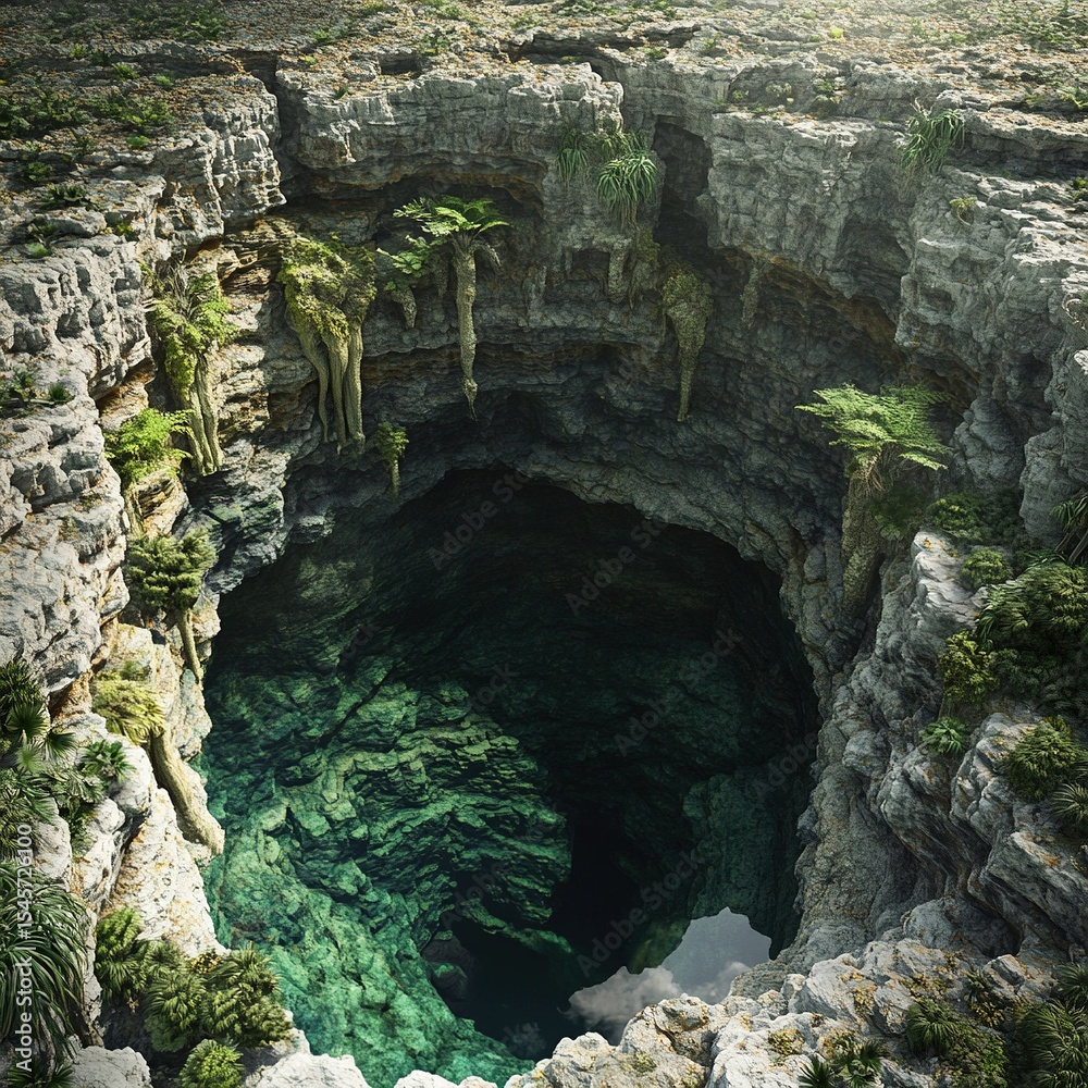 Sinkhole ecosystem with endemic species, geological karst formation ...