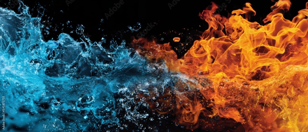 Blue water and orange fire clash dramatically against a black ...