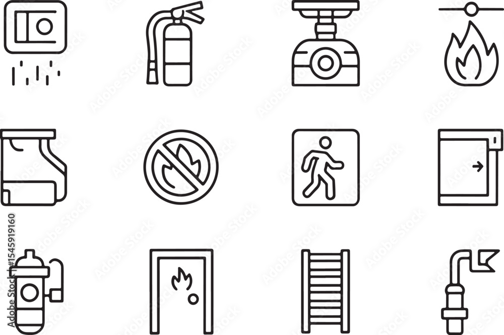 Fire safety and emergency prevention icons: extinguisher, smoke ...