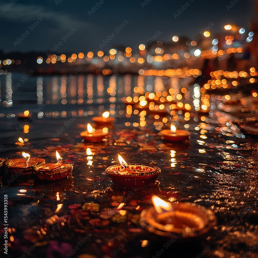 Lit diyas floating on sacred Ganga water during Ganga Dussehra ...