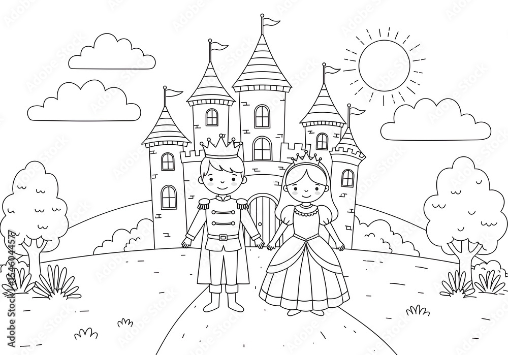 Coloring pages. cartoon prince and princess with palace theme coloring ...