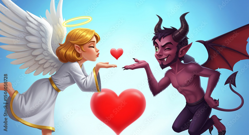 Demon and angel in a playful pose, angel sends an air kiss, demon winks ...