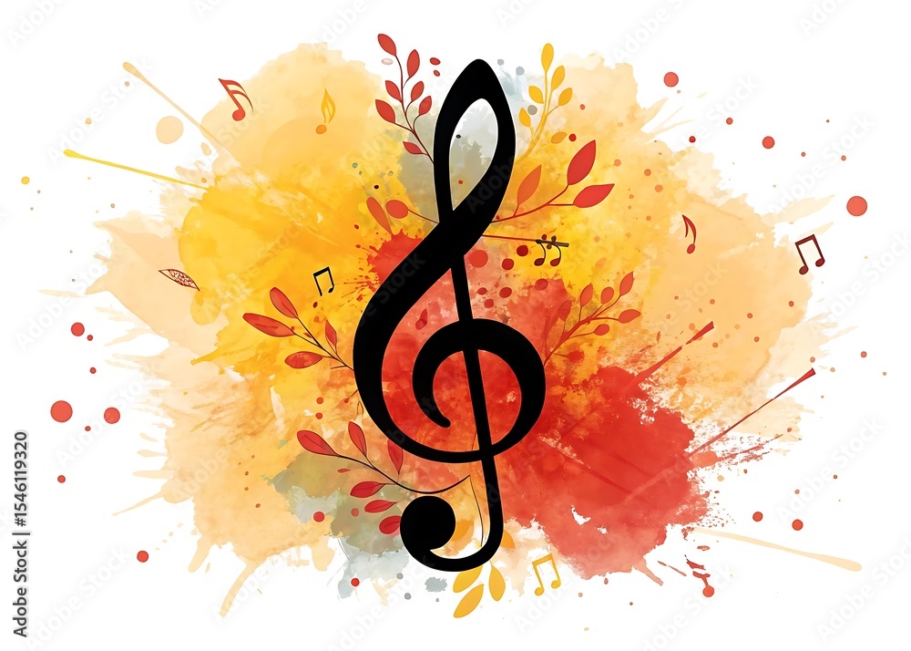 Watercolor music background with treble clef and autumn leaves Stock ...