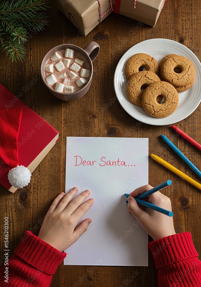 Child Writing Letter to Santa with Hot Chocolate and Christmas Cookies ...