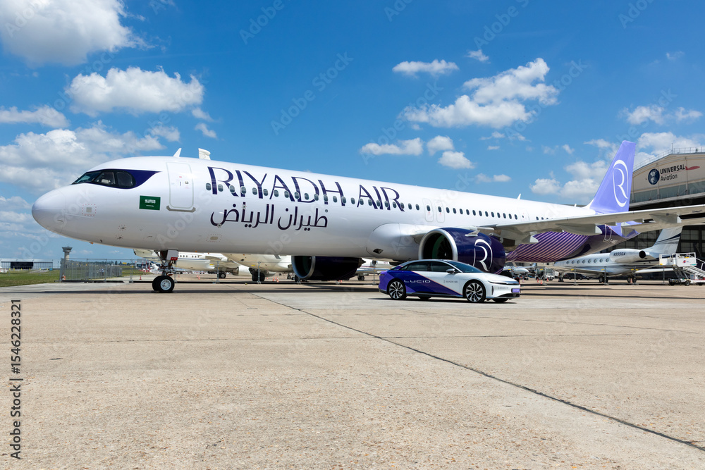 Airbus A321 NEO (XLR) airliner and Lucis Air EV car from Riyadh Air on ...