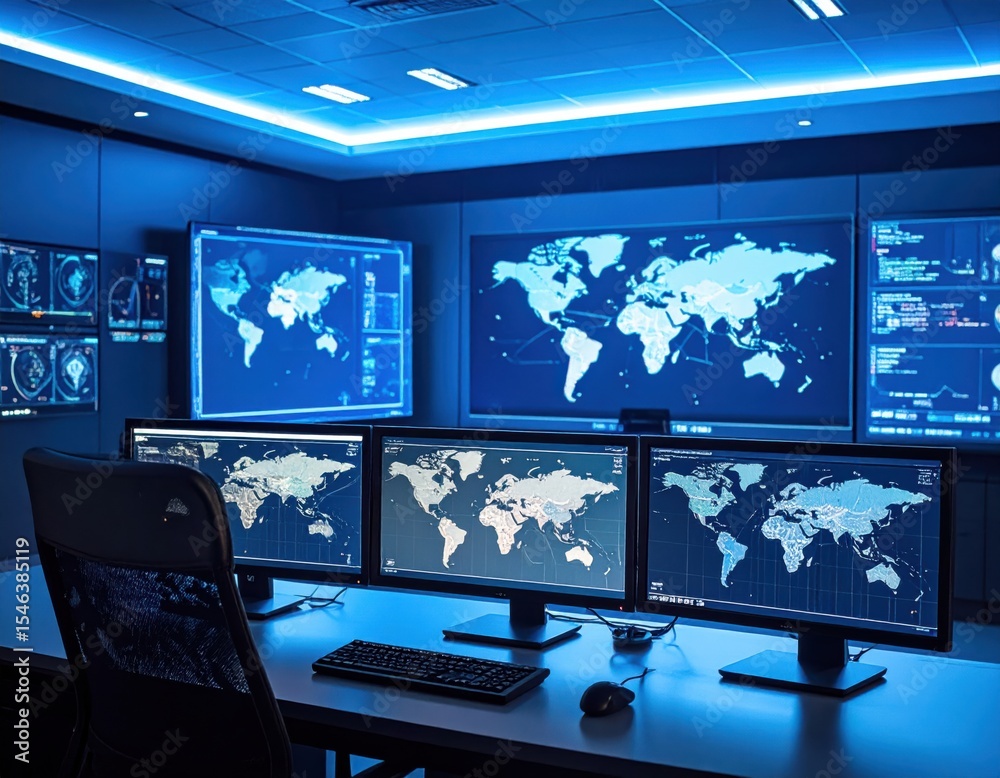 High-Tech Control Room with Multiple Monitors Displaying Global Mapping ...