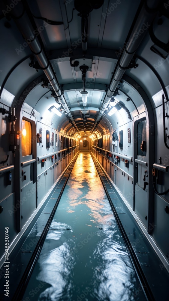 Dark Polar Research Submarine Corridor with Flooded Water and Alarms ...