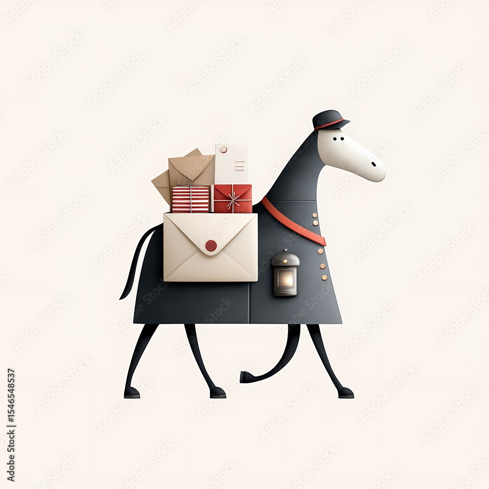 Stylized horse character dressed as postman carrying envelopes and ...