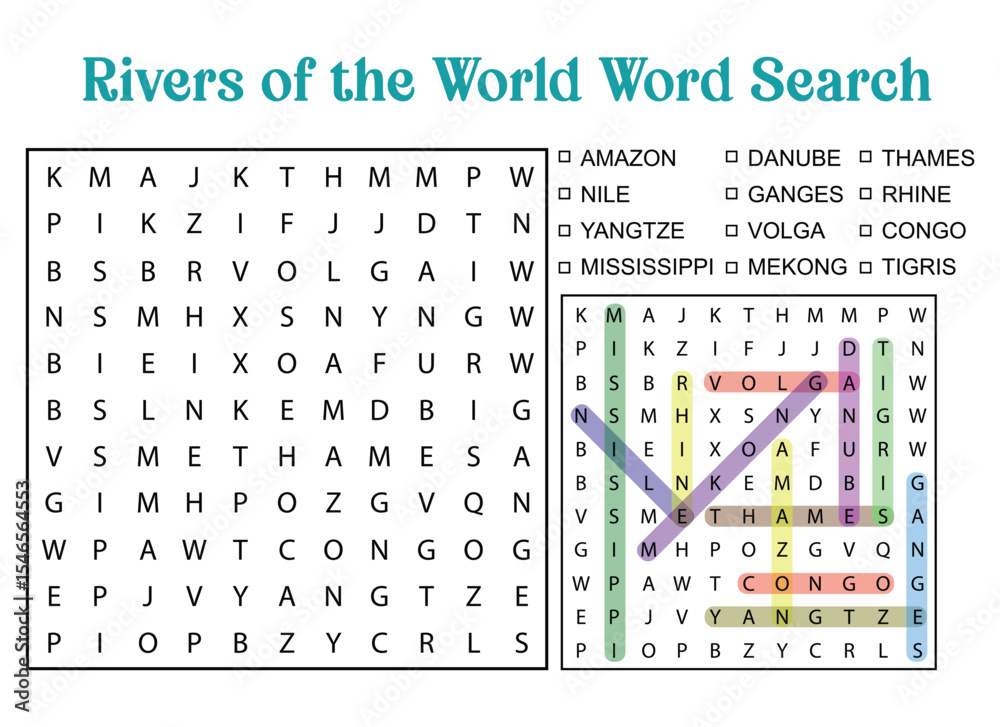 เวกเตอร์ Stock Rivers of the World Word Search Printable Educational ...
