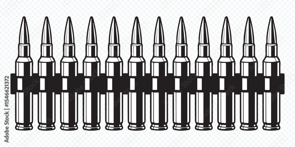 detailed black and white drawing of bullets in an ammunition belt for ...