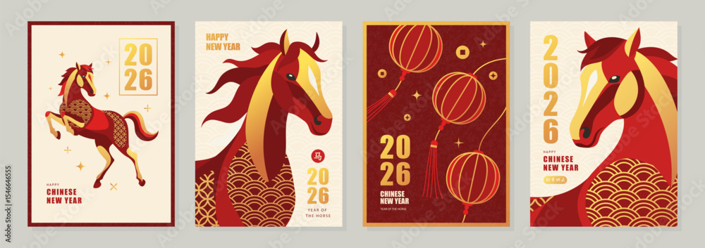 Chinese New Year 2026, Year of the Horse. Set of greeting card designs ...