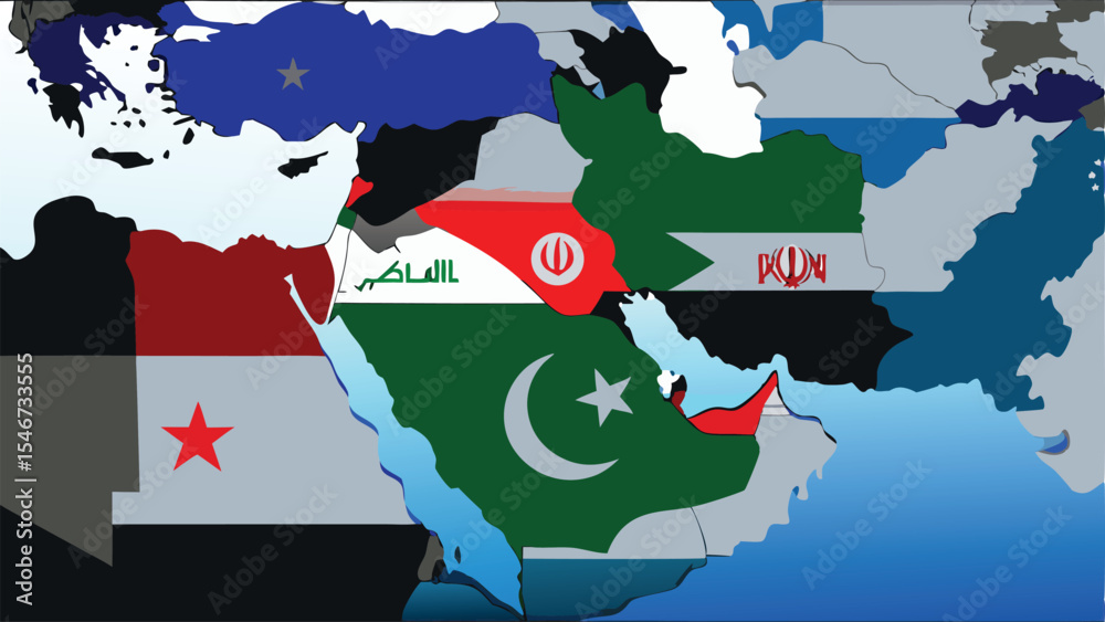 Illustrated map of the middle east with country flags overlaid on their ...