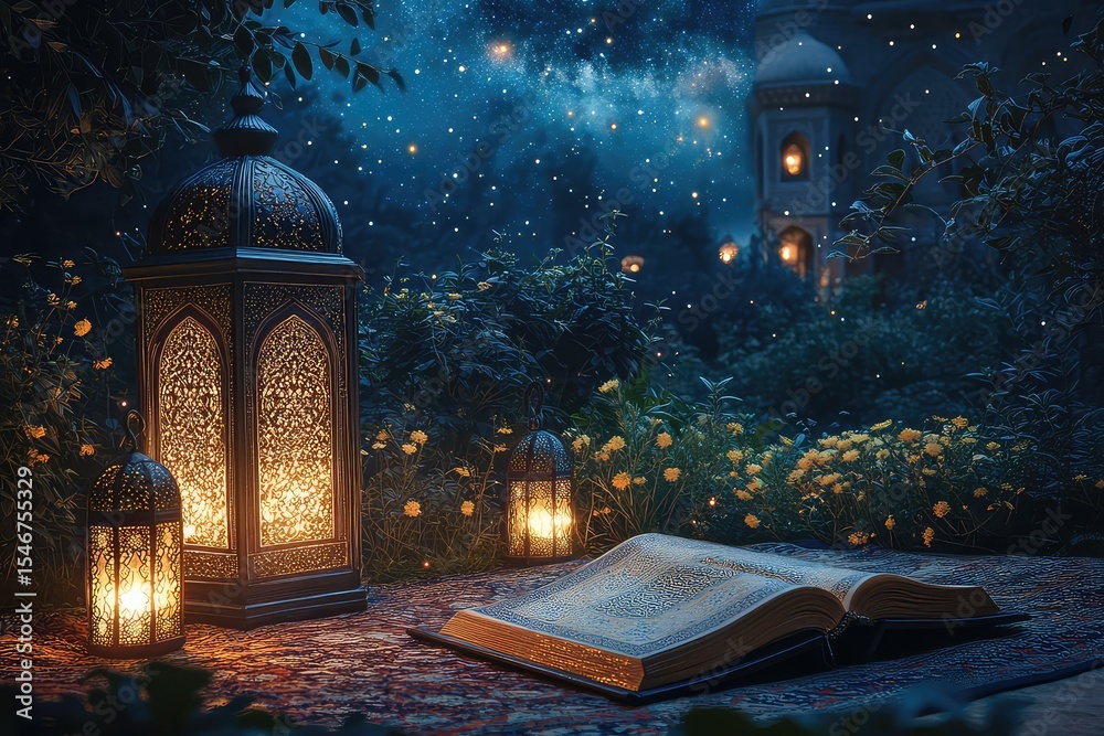 A night sky filled with stars, with the Holy Quran and lanterns ...