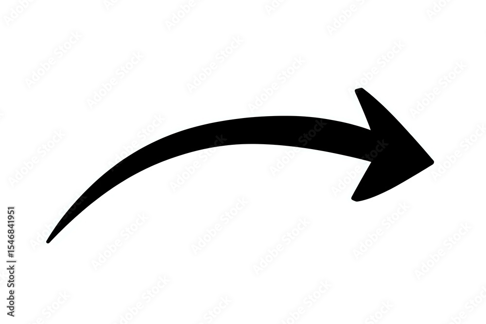 Black curved arrow pointing right with slight upward arc on white ...