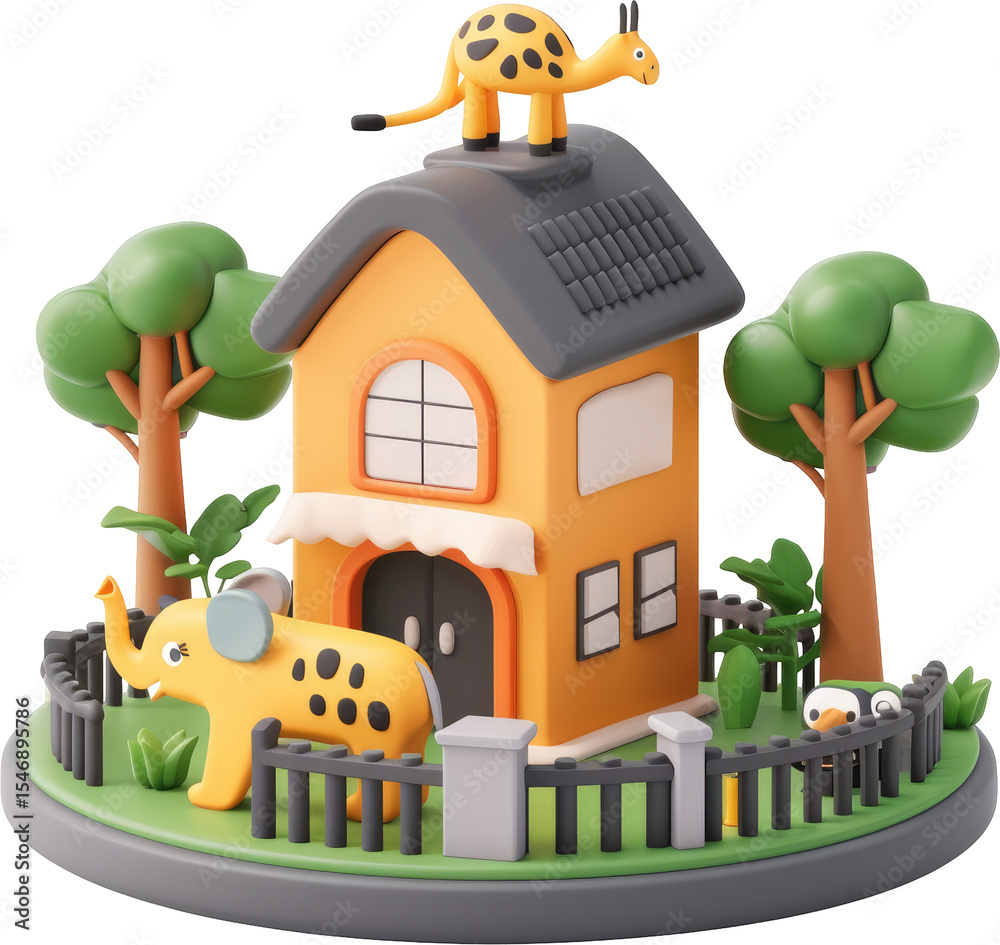 Cartoon Zoo House with Giraffe and Elephant Stock Illustration | Adobe ...