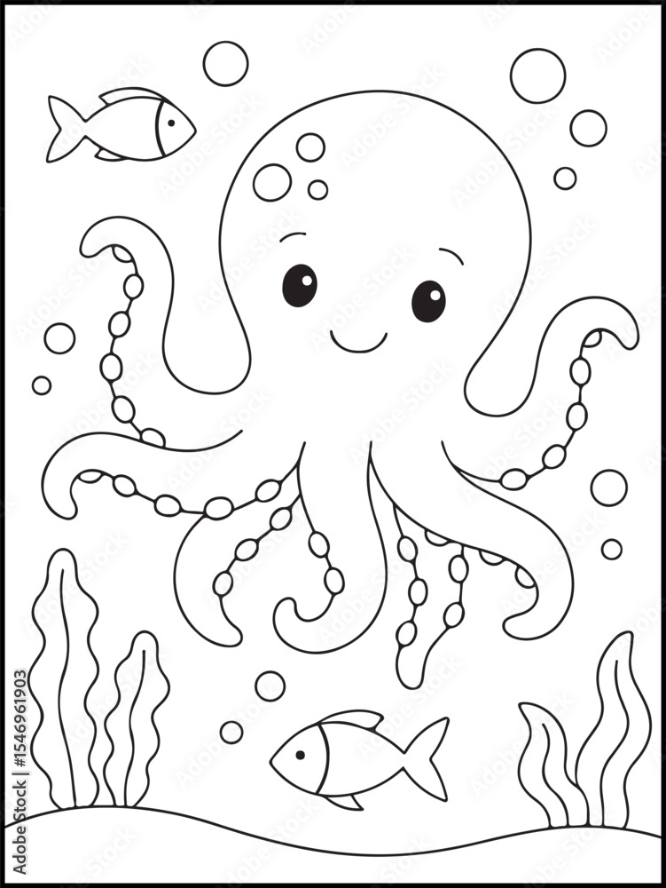 Printable Octopus Coloring Page for Kids – Fun Underwater Black and ...
