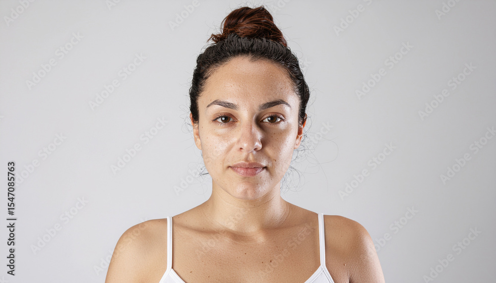 Barefaced hispanic woman with slicked-back bun against a studio ...