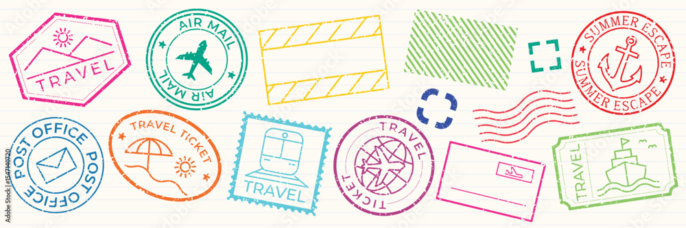 Colorful travel stamps featuring travel icons like planes, boats, and ...