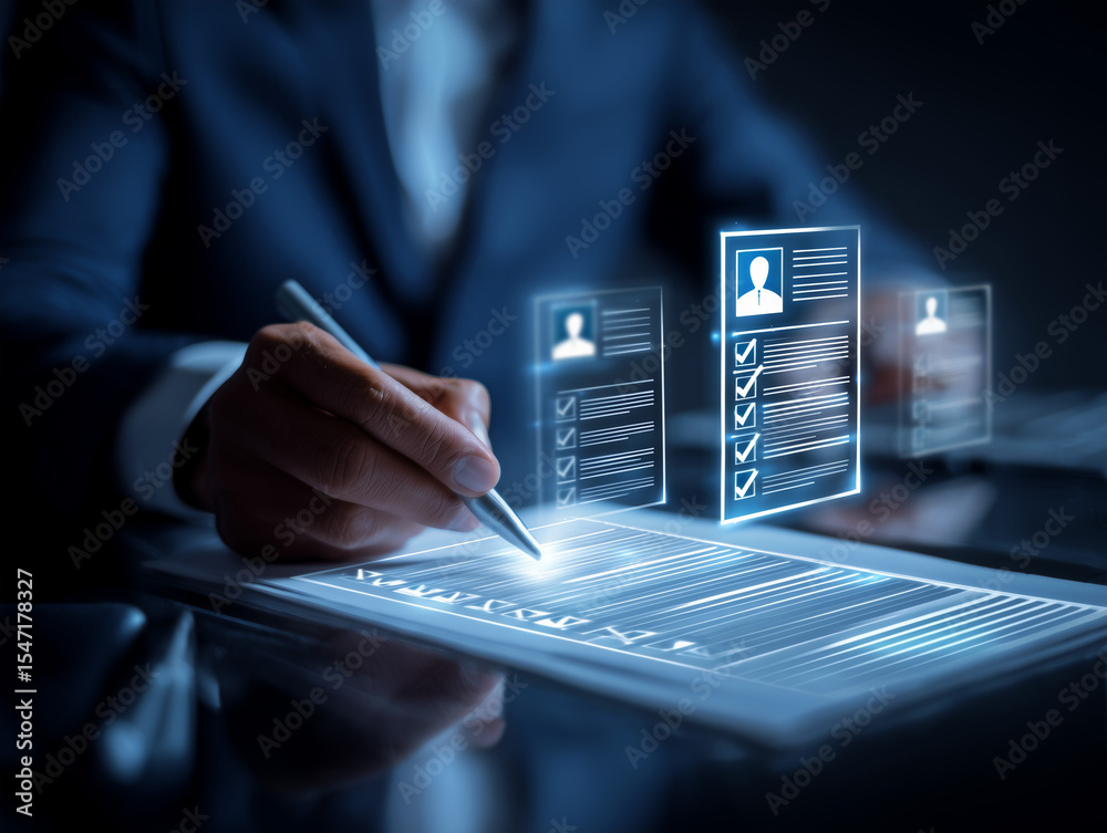 Businessperson reviewing digital profiles and data Stock Photo | Adobe ...