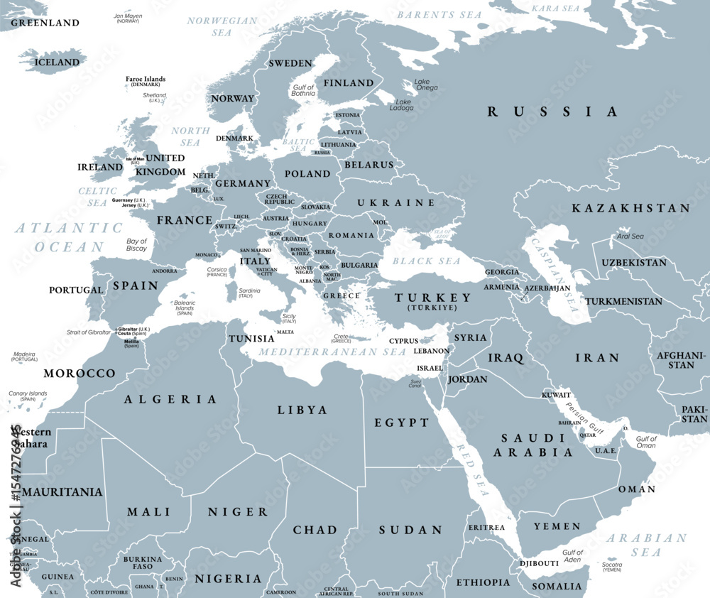 Europe, Middle East, and North Africa, gray political map with ...