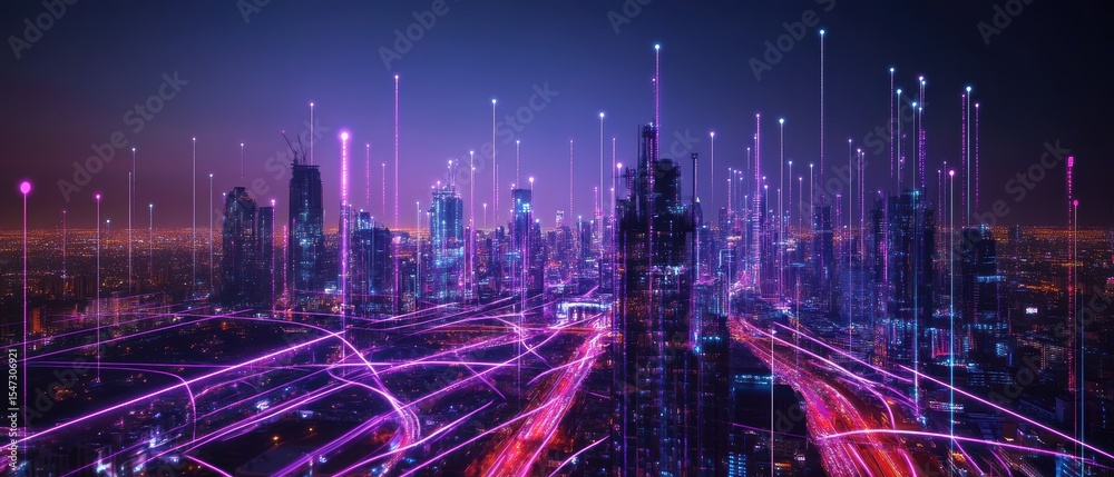 City skyline night view with vibrant neon lights and digital data ...