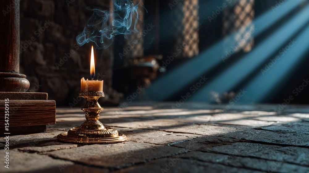 Burning candle in ancient room with dramatic light rays Stock Photo ...