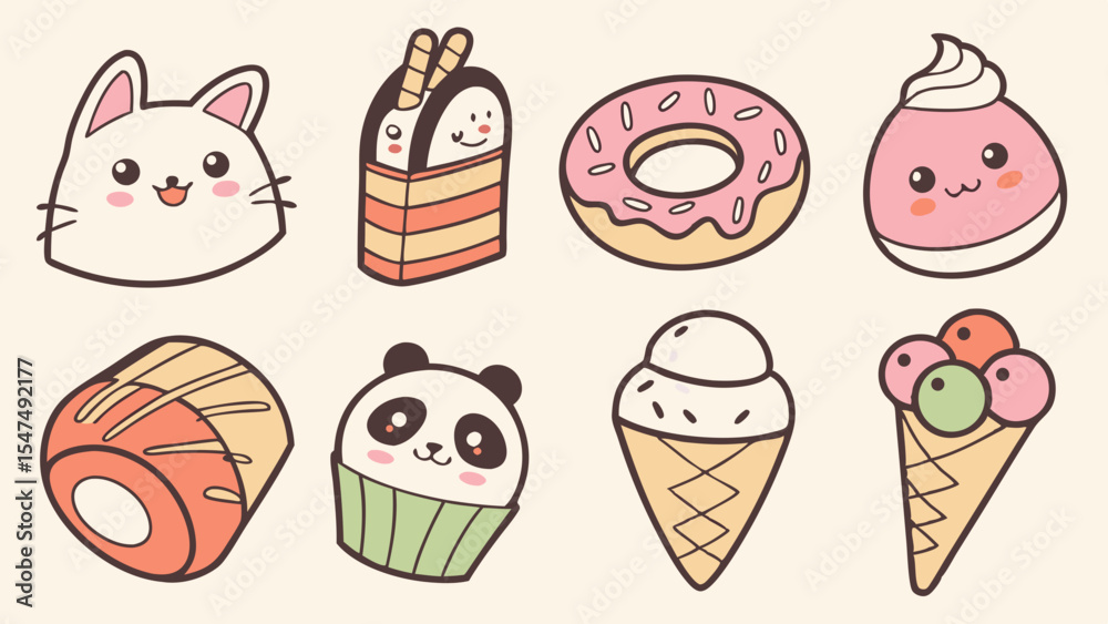 Cute Kawaii Desserts and Food Set. Adorable cartoon sweets, ice cream ...