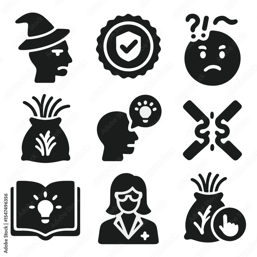 Fiber Facts Icons. Solid style icons of fiber myths and facts: myth ...