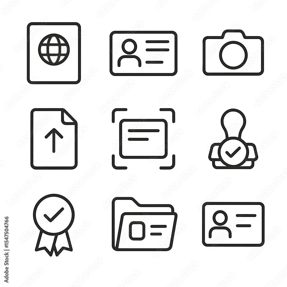 Document Verification Icons. Outline icon set of document and ID ...