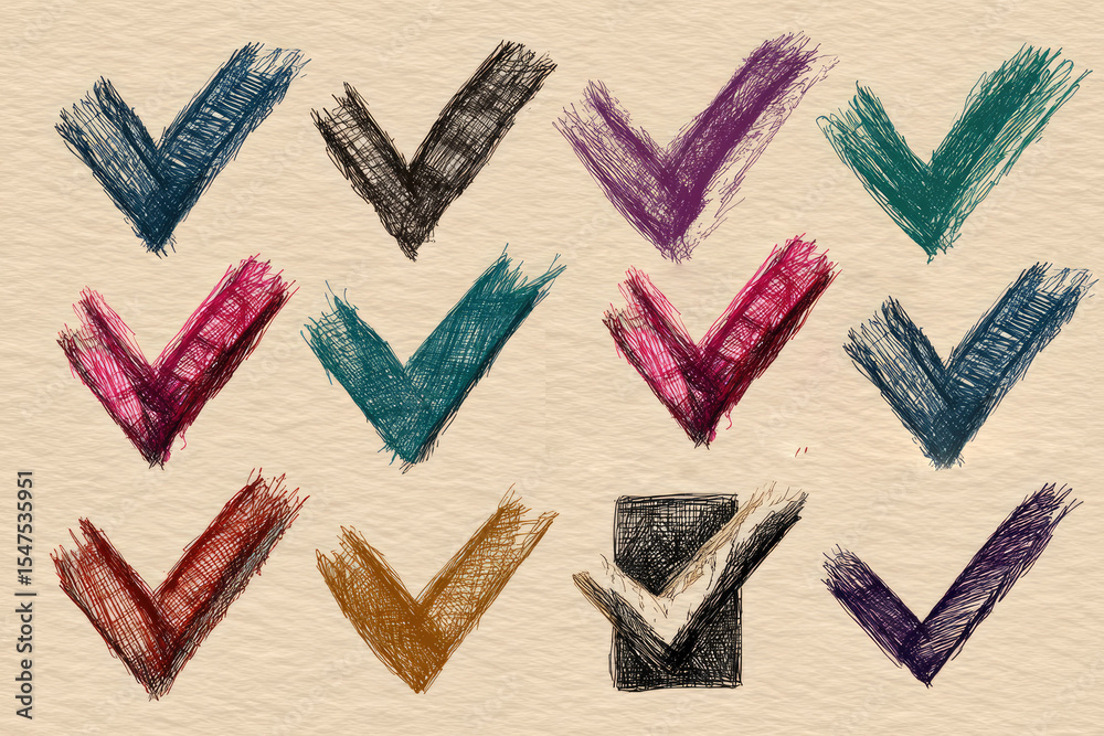 Ilustrace doodle check mark. Hand drawn check and arrows signs. doodle ...