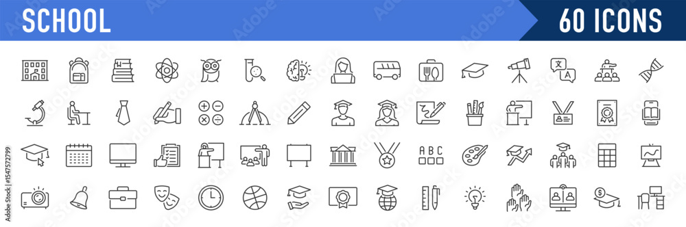School web icons in line style. Education, knowledge, teacher, class ...