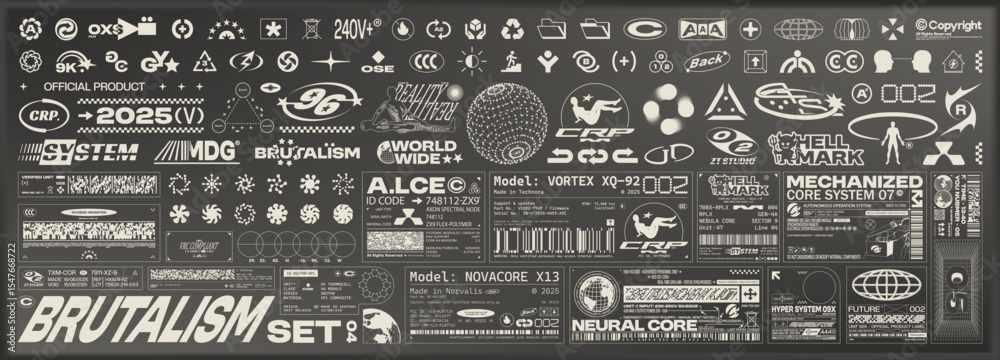 Brutalism graphic pack. Fake logos, icons, tech labels and monochrome ...