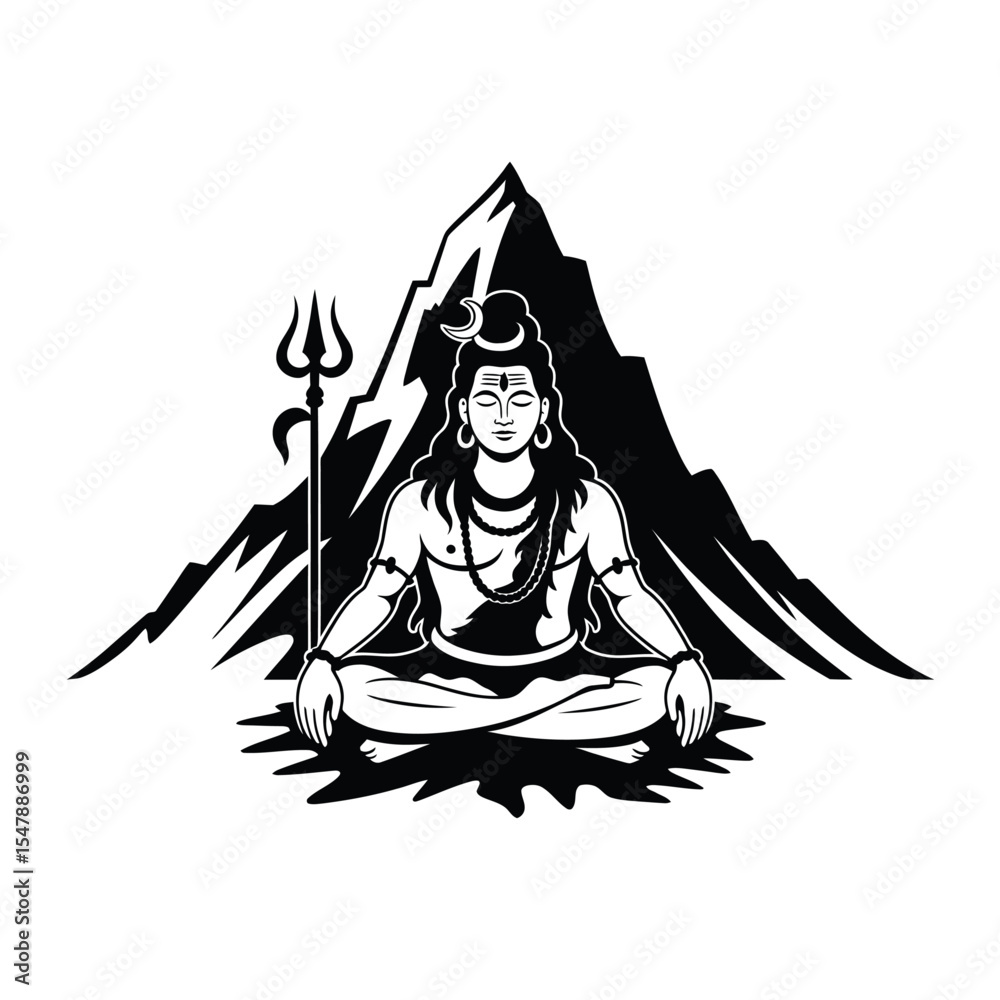 Shiva vector lord Shiva meditates on Mount Kailash, a black and white ...