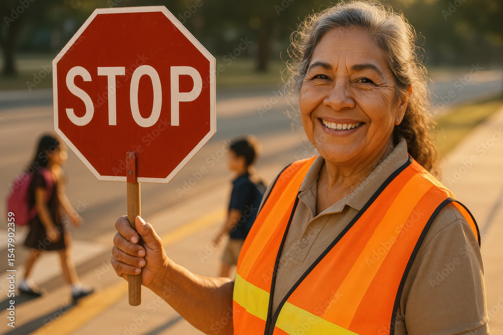Foto de Stock Senior crossing guard smiling in safety vest holding stop ...