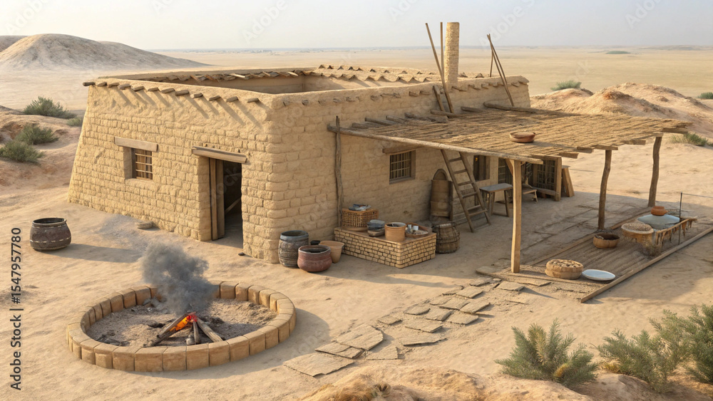 "Depict a handcrafted desert residence made from sunbaked mud bricks ...
