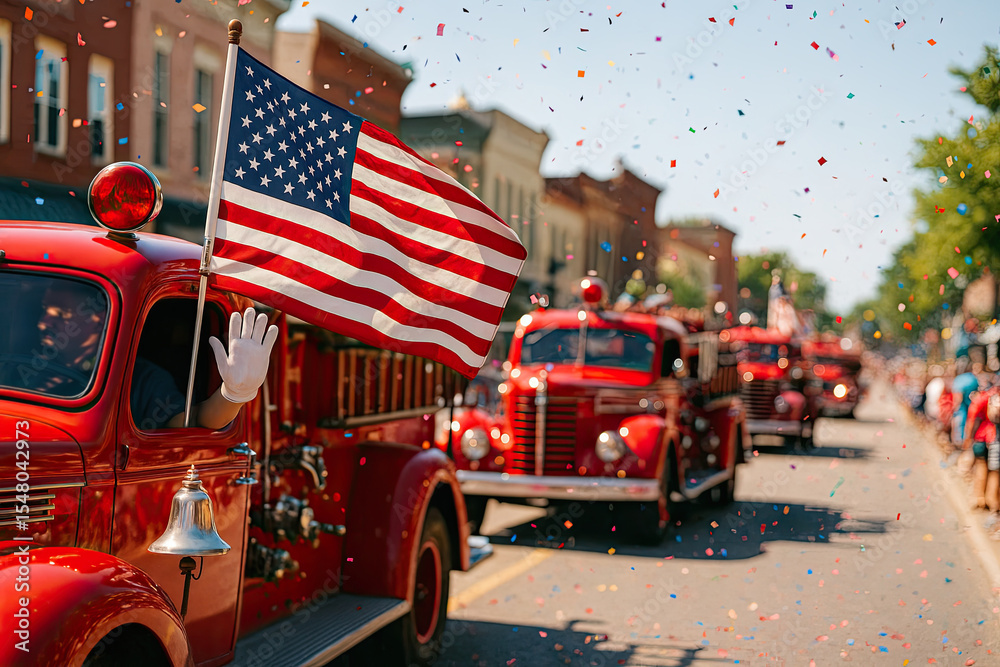 Small Town Parade with American Flags and Fire Trucks Stock Photo ...