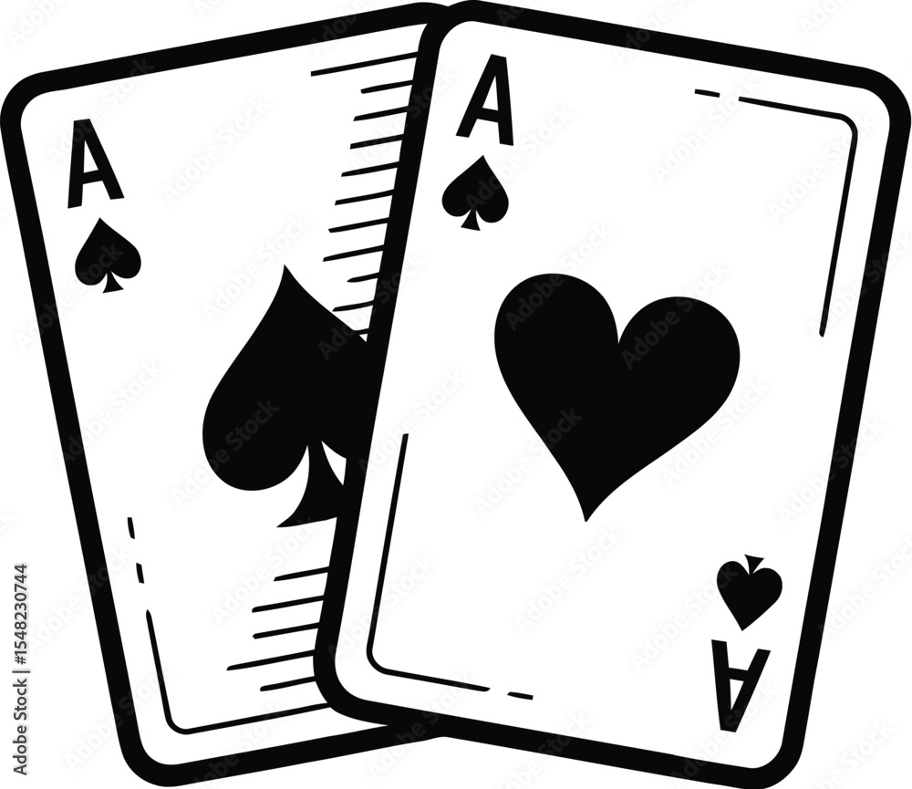 Two ace cards one of spades and one of hearts with black outlines on a ...