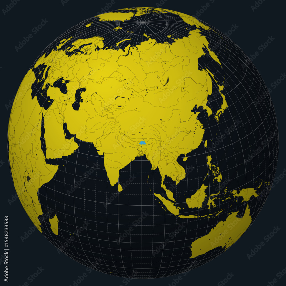 Kingdom of Bhutan on Globe. Country view on the world map in Charcoal ...