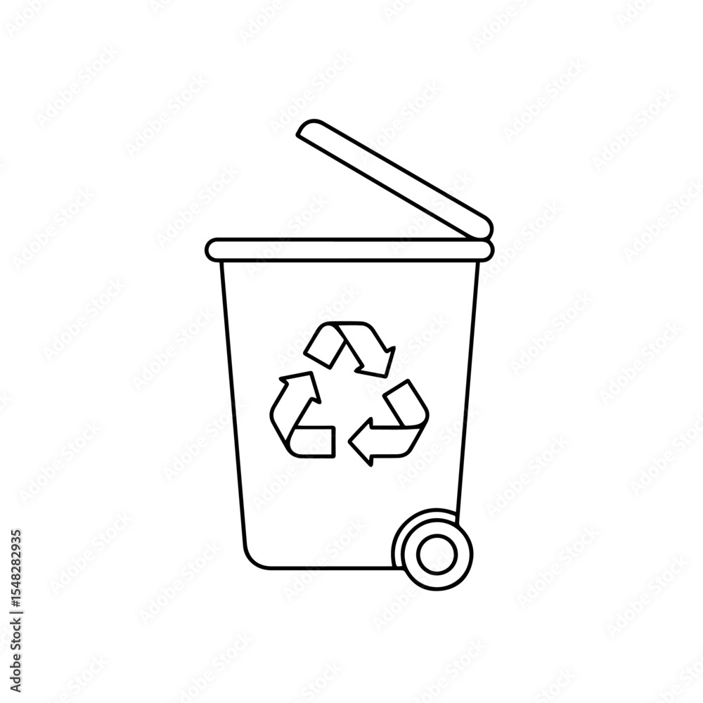 Recycling bin with open lid and recycling symbol. Simple line drawing ...