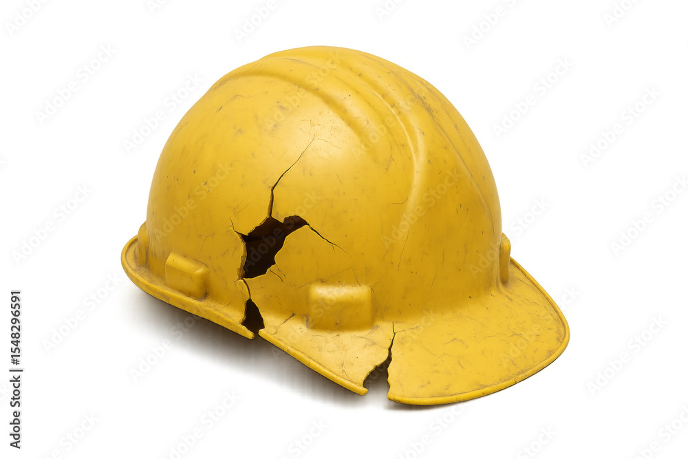 Broken yellow hard hat showing workplace safety issues on transparent ...