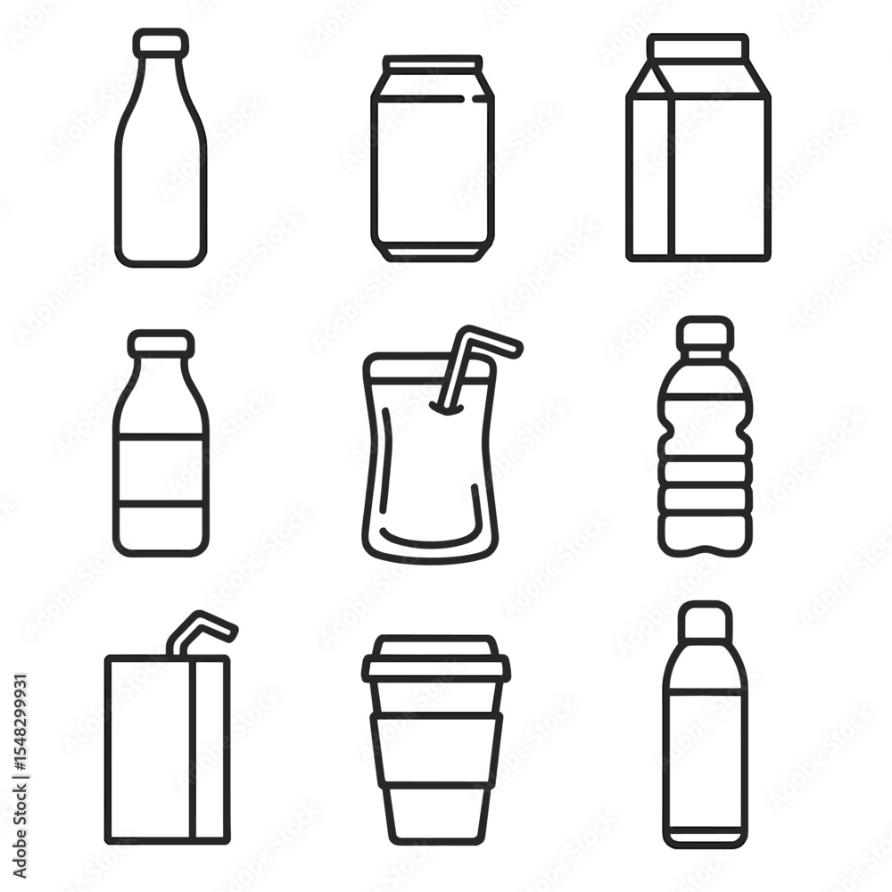 Beverage Packaging Icons. Line style icons of beverage packaging: glass ...