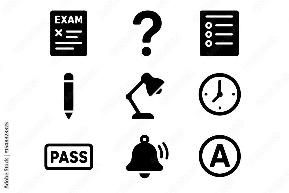 Black vector icons themed around education and exams, including exam ...