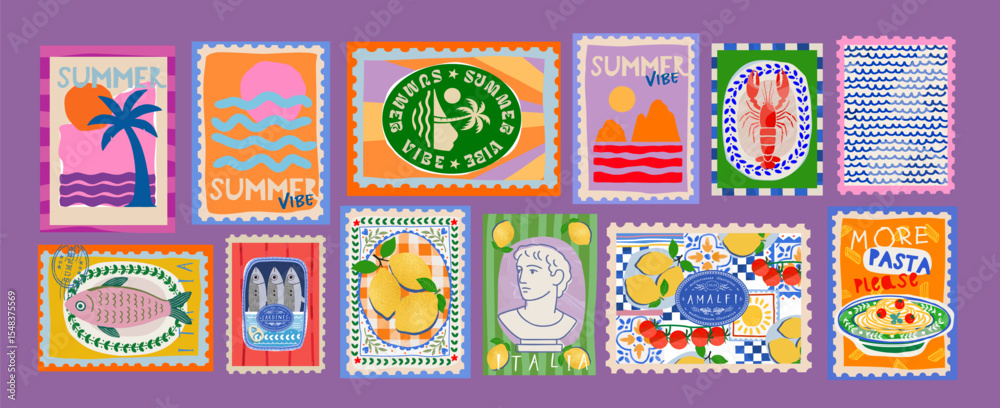 Italian summer mediterranean trendy postage stamps. Vector illustration of beach, waves doodle ...