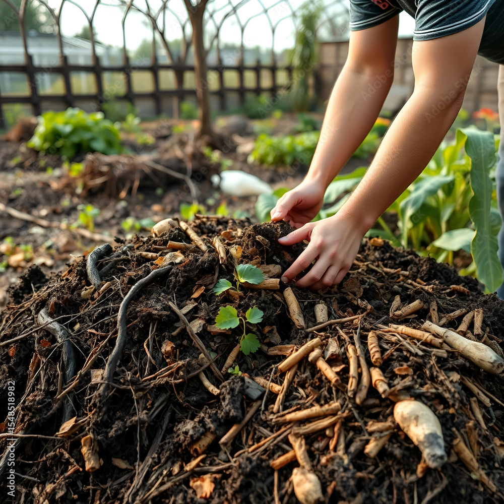 turning a compost pile in a community garden. compost full of ...